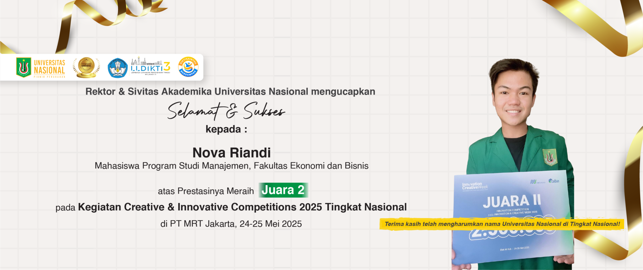 Selamat dan Sukses Kepada Nova Riandi Mahasiswa Prodi Manajemen, FEB UNAS atas Prestasinya – FEB ...